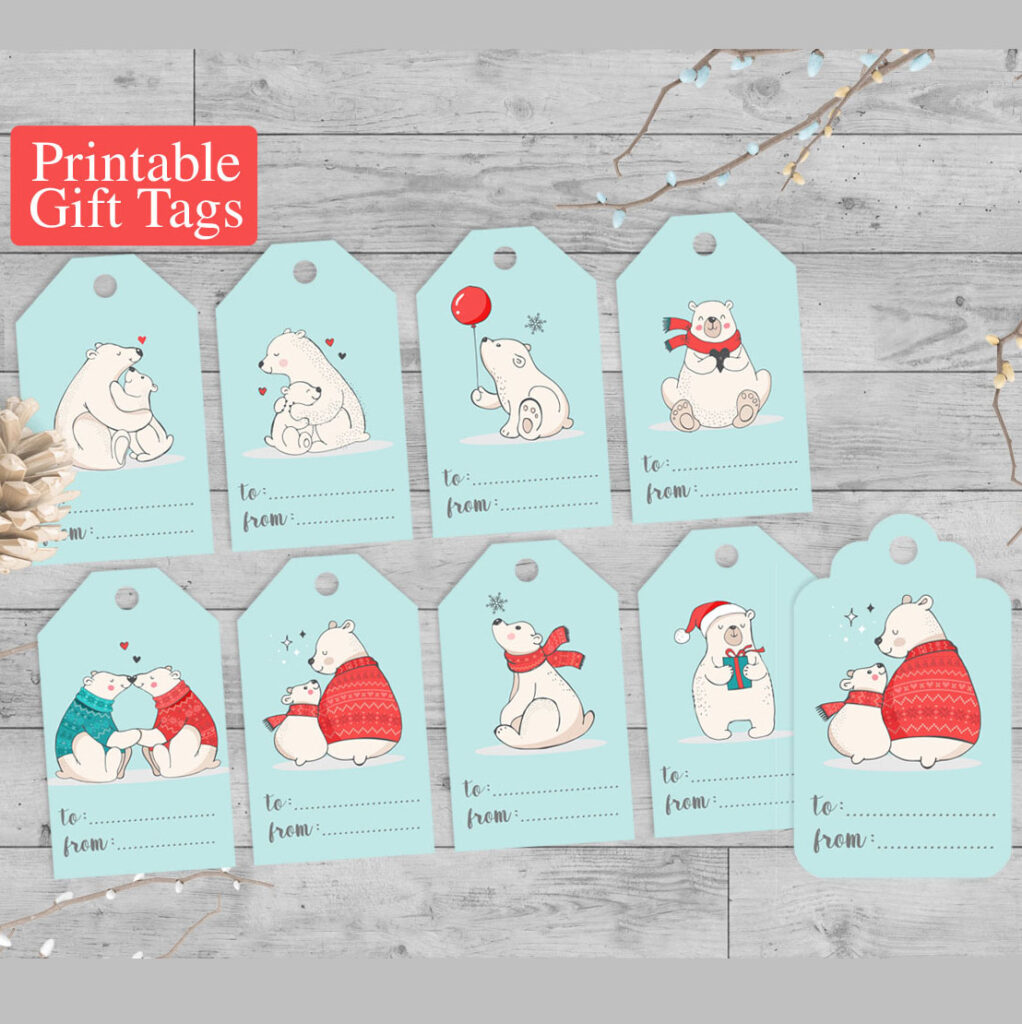 Printable Polar Bear Holiday Gift Tags, Set of 8 Teal Red Christmas Tag ...