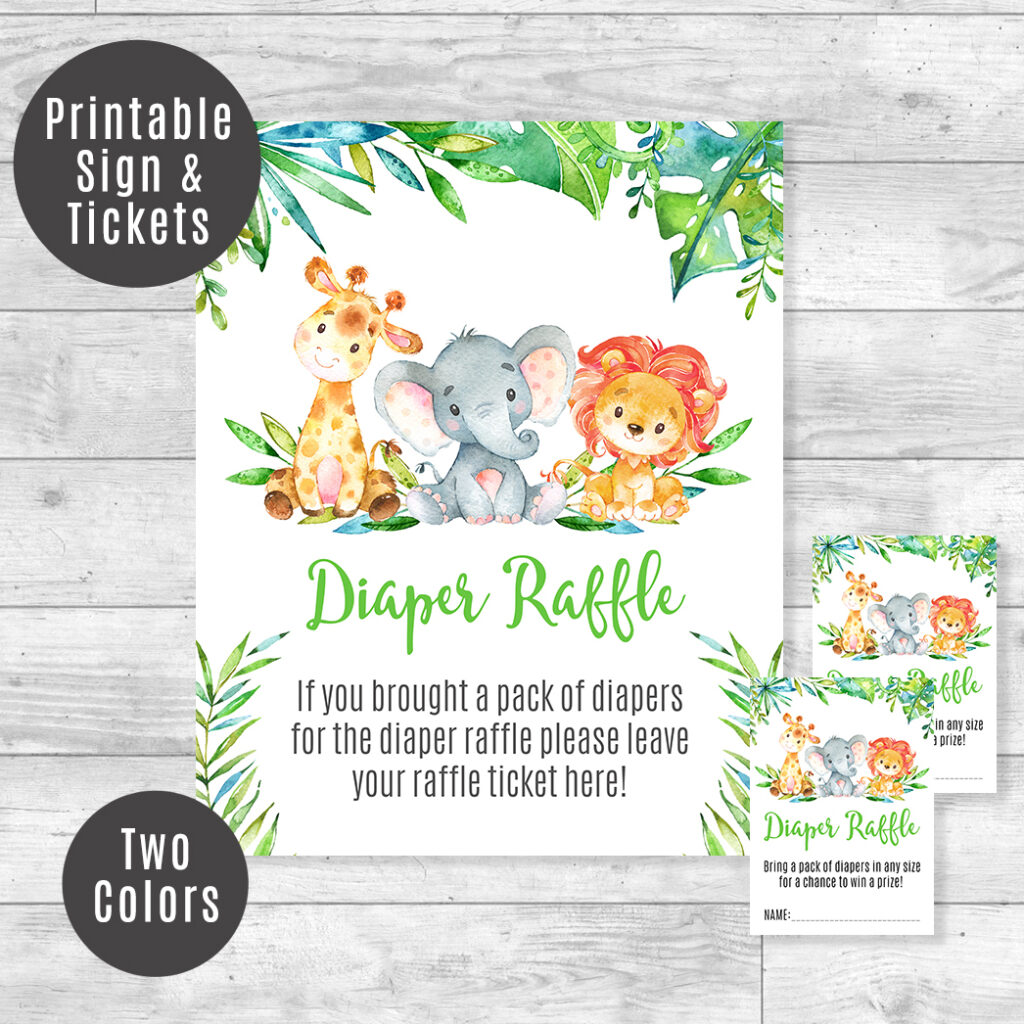 Safari Printable Diaper Raffle Sign, Raffle Ticket Baby Shower ...