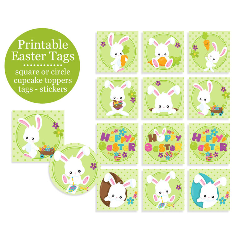 Printable Easter Bunny Tags, Stickers or Cupcake Toppers Set of 12 ...