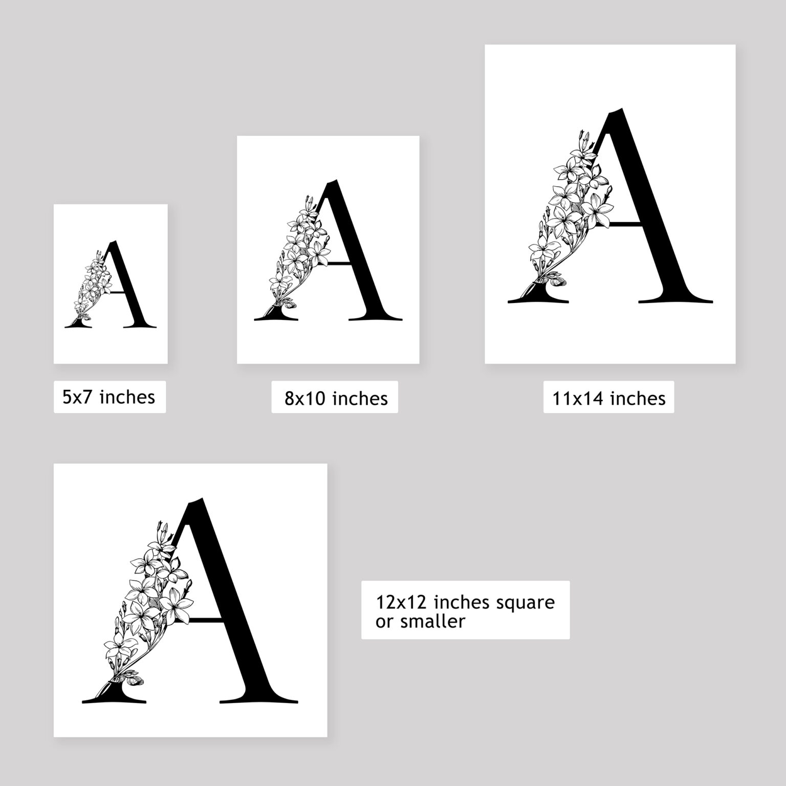 Black Floral Letter, Printable Monogram Nursery or Housewarming Gift ...